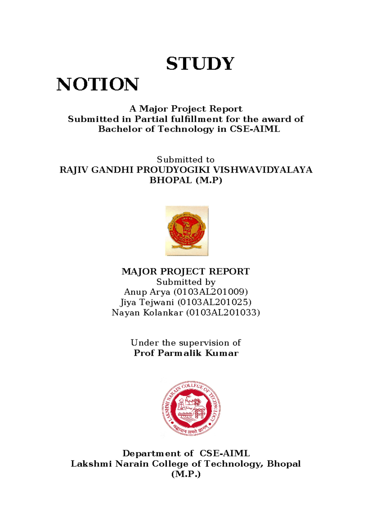 Project Study Notion - STUDY NOTION A Major Project Report Submitted in Partial fulfillment for ...