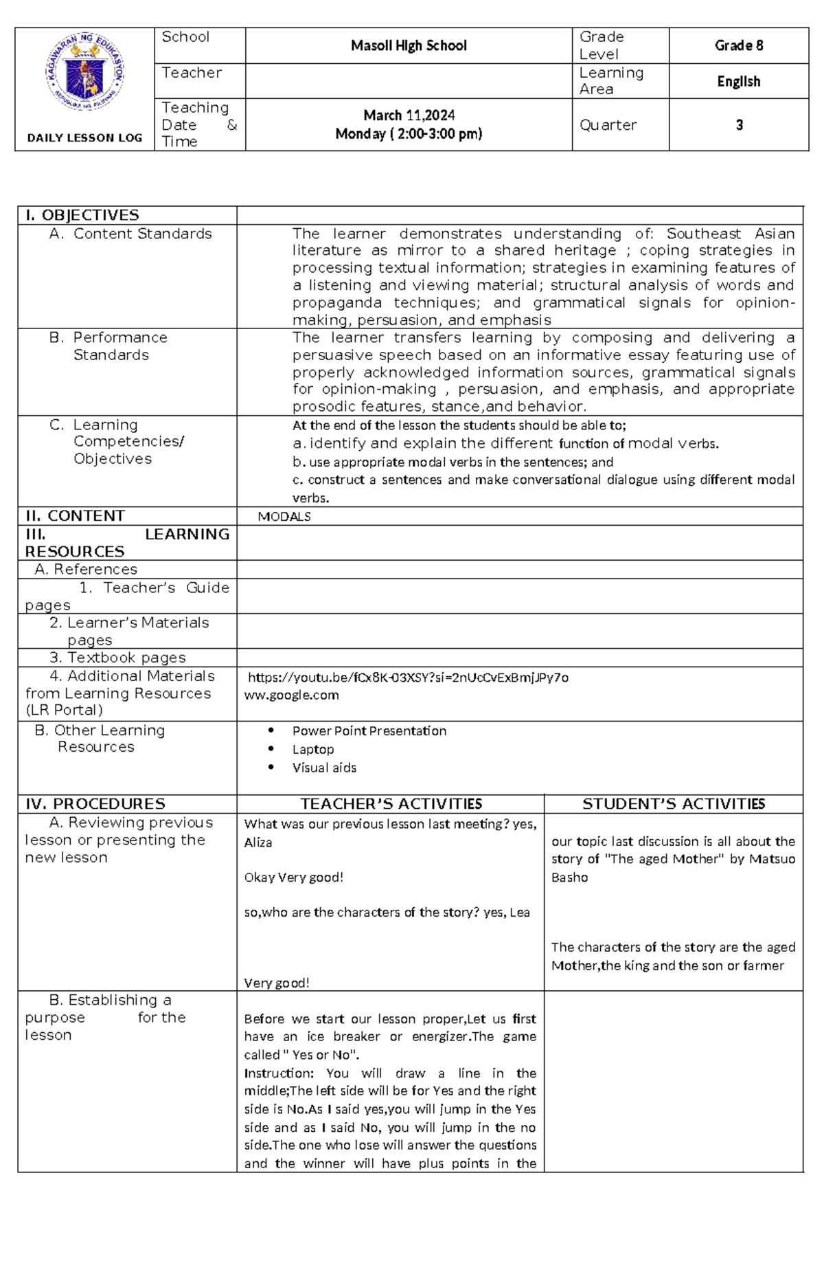 Aira 2nd LP - I. OBJECTIVES A. Content Standards The learner ...