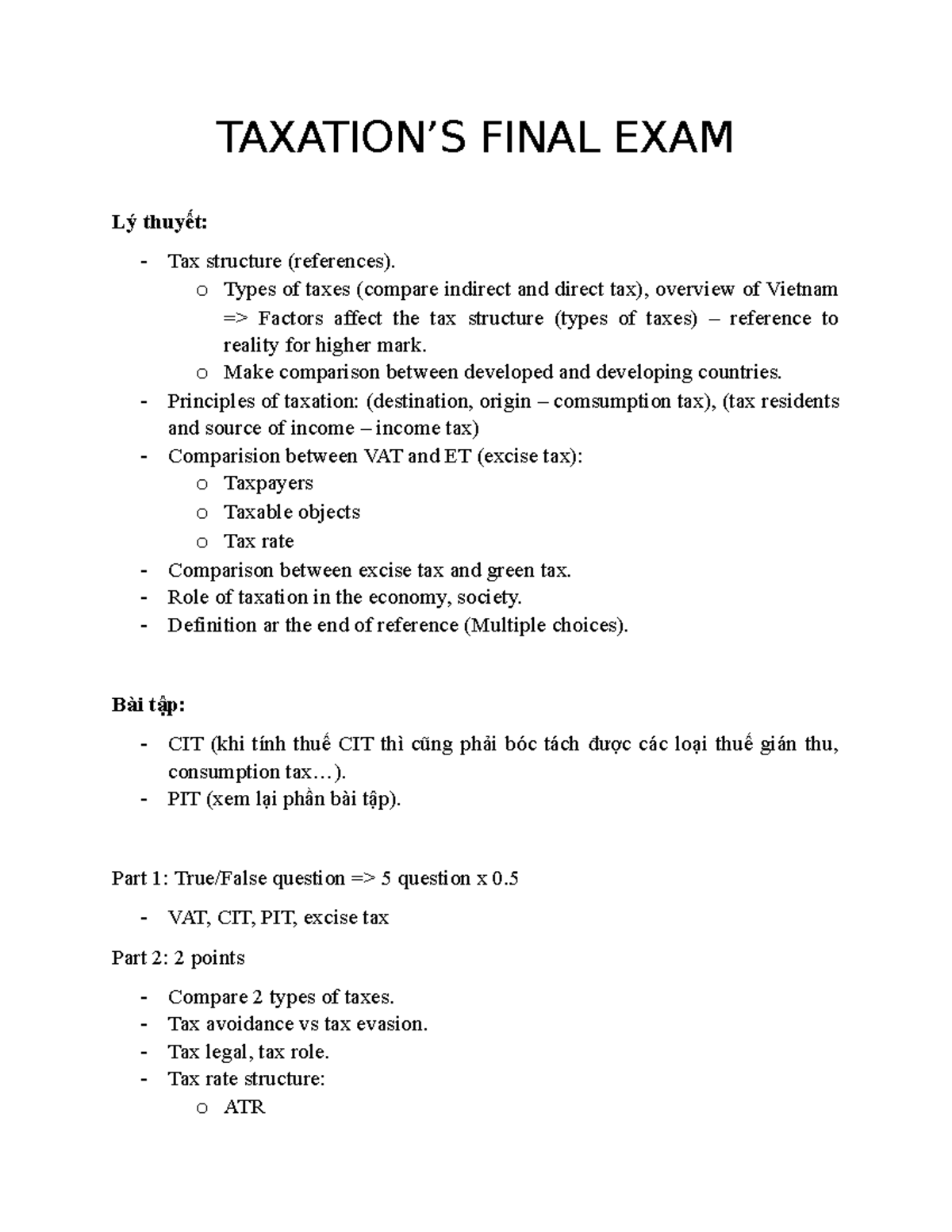 Taxation's final exam - TAXATION’S FINAL EXAM Lý thuyết: - Tax ...