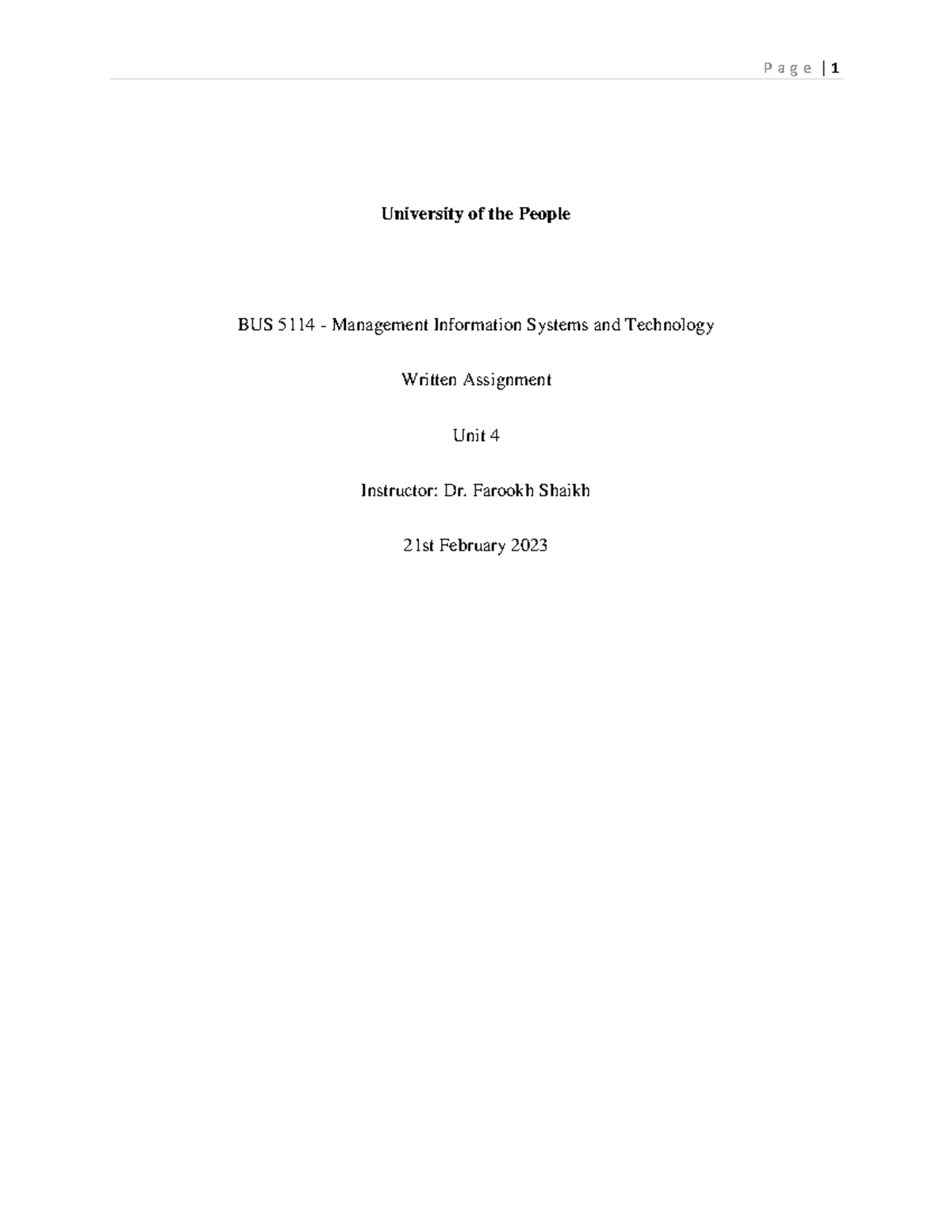 MIS and Tech written assignmrnt unit 4 - University of the People BUS 5114 - Management ...