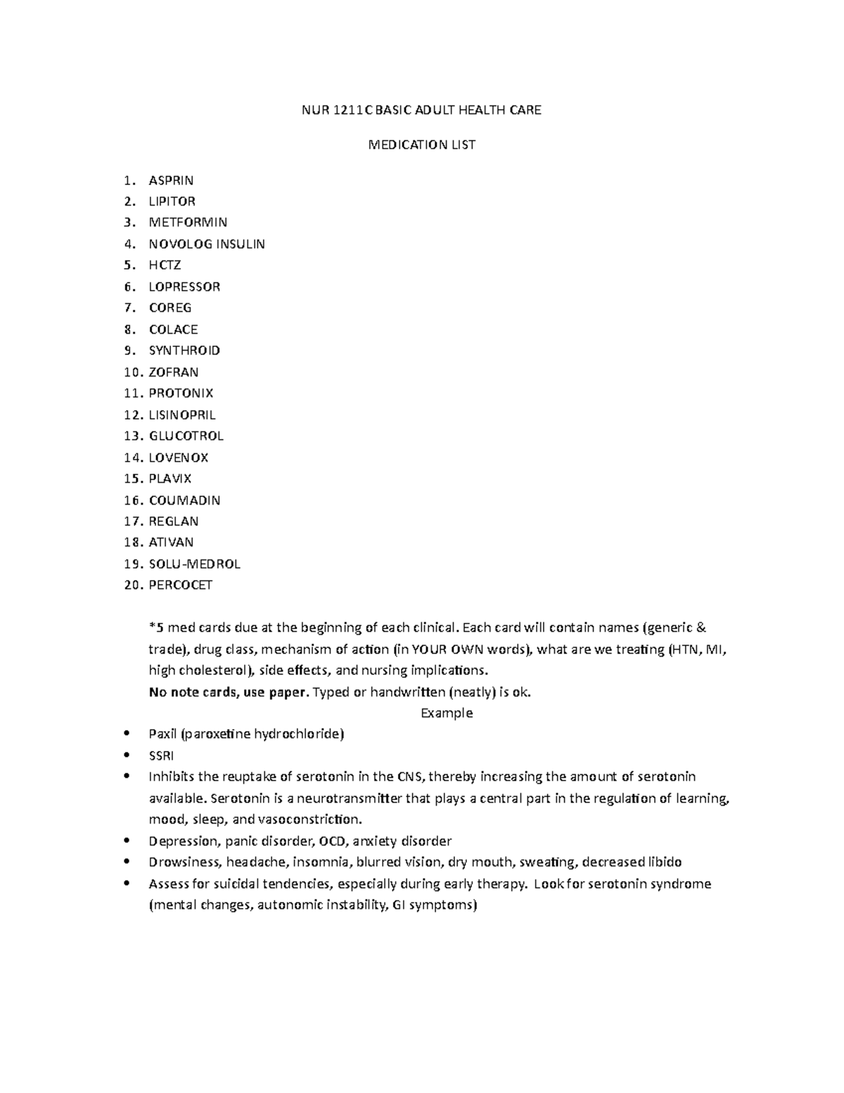 Basic Med cards - NUR 1211C BASIC ADULT HEALTH CARE MEDICATION LIST 1 ...