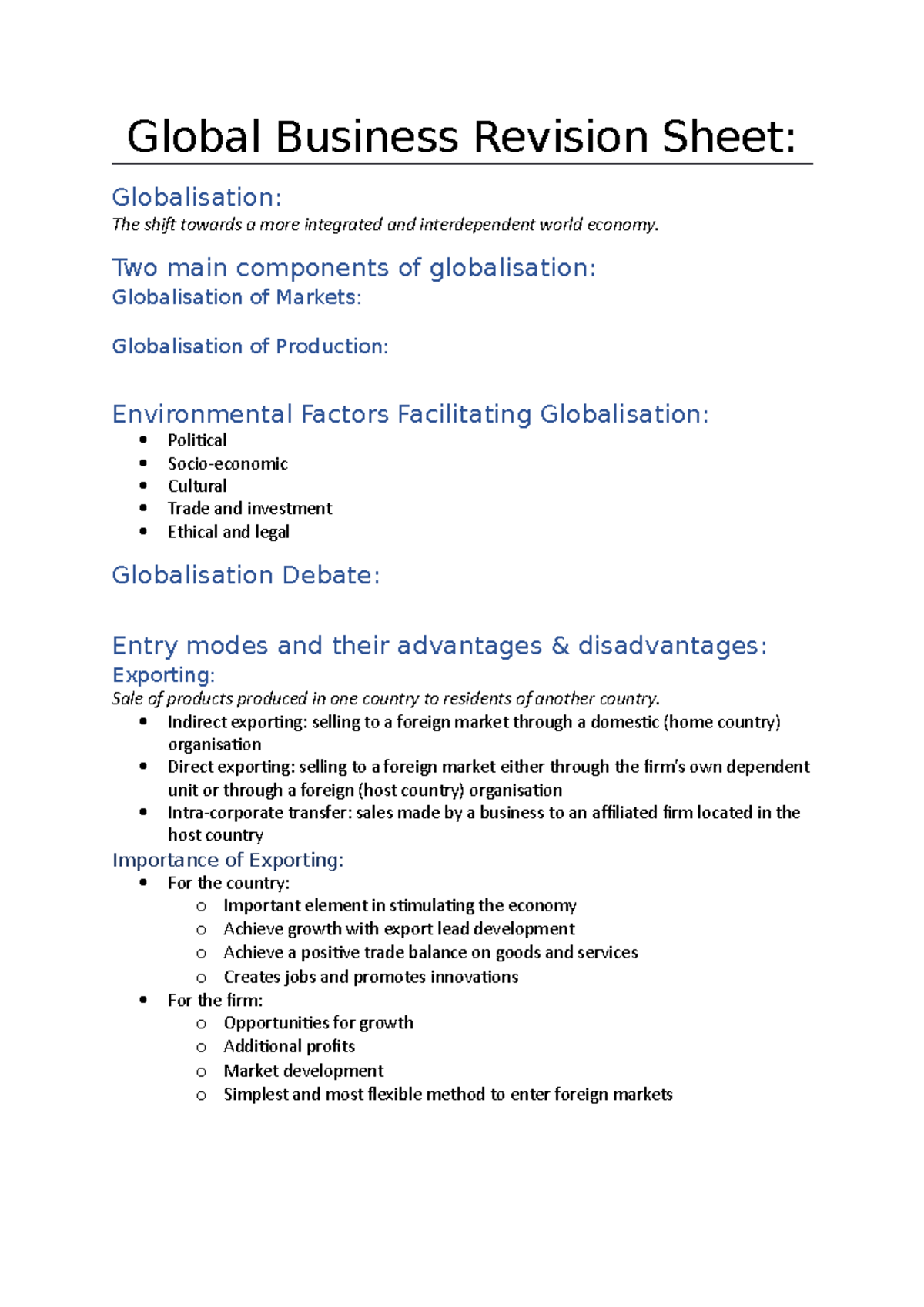 Global Business Revision Sheet: Globalisation and Entry Modes - Studocu