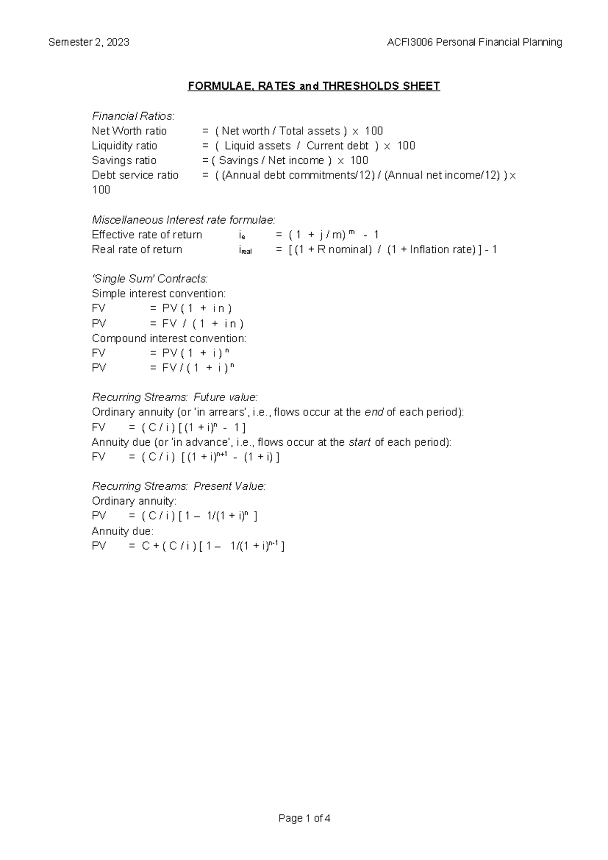 ACFI3006 23S2 Formula Sheet - FORMULAE, RATES and THRESHOLDS SHEET ...