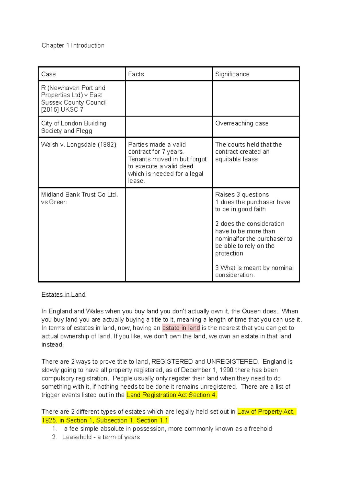 Property Law Notes - Chapter 1 Introduction Case Facts Significance R ...
