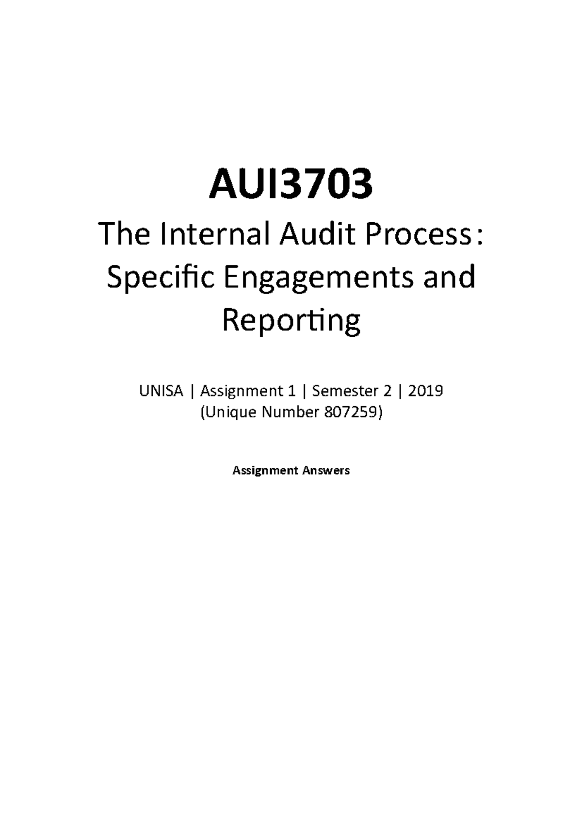 Assignment 1 Answers AUI3703 Semester 2 2019 - AUI The Internal Audit ...
