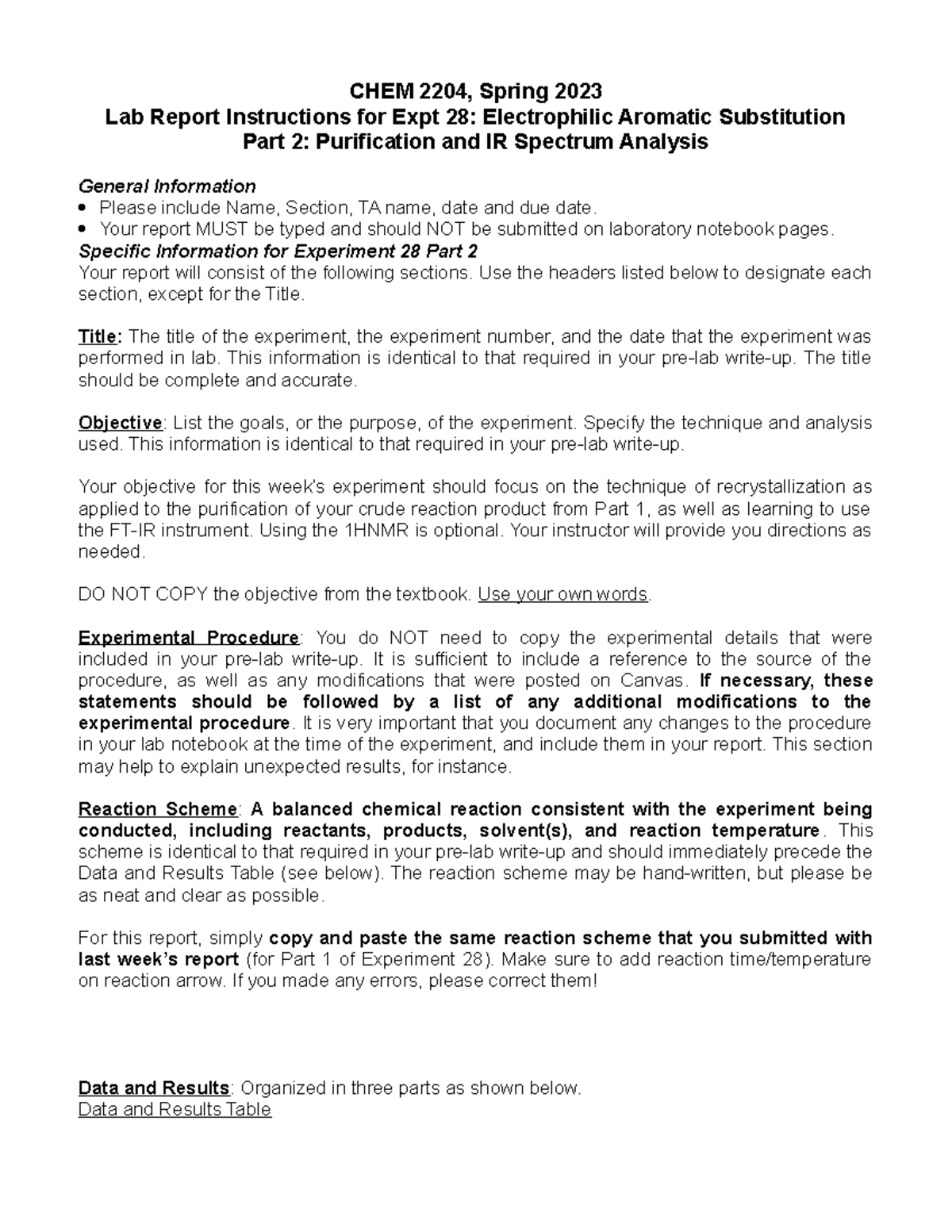 Elec. Arom. Subs. Part 2 Lab report-Spring 2023 - CHEM 2204, Spring ...