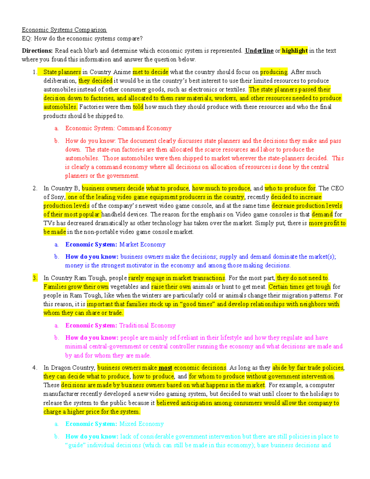 1.10 - Economic Systems Compare - Economic Systems Comparison EQ: How ...