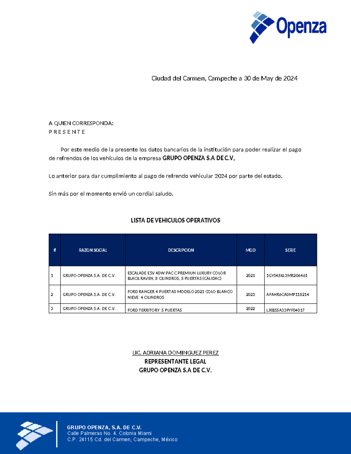 Carta Compromiso DE Entrega DE Placas Openza - GRUPO OPENZA, S. DE C ...