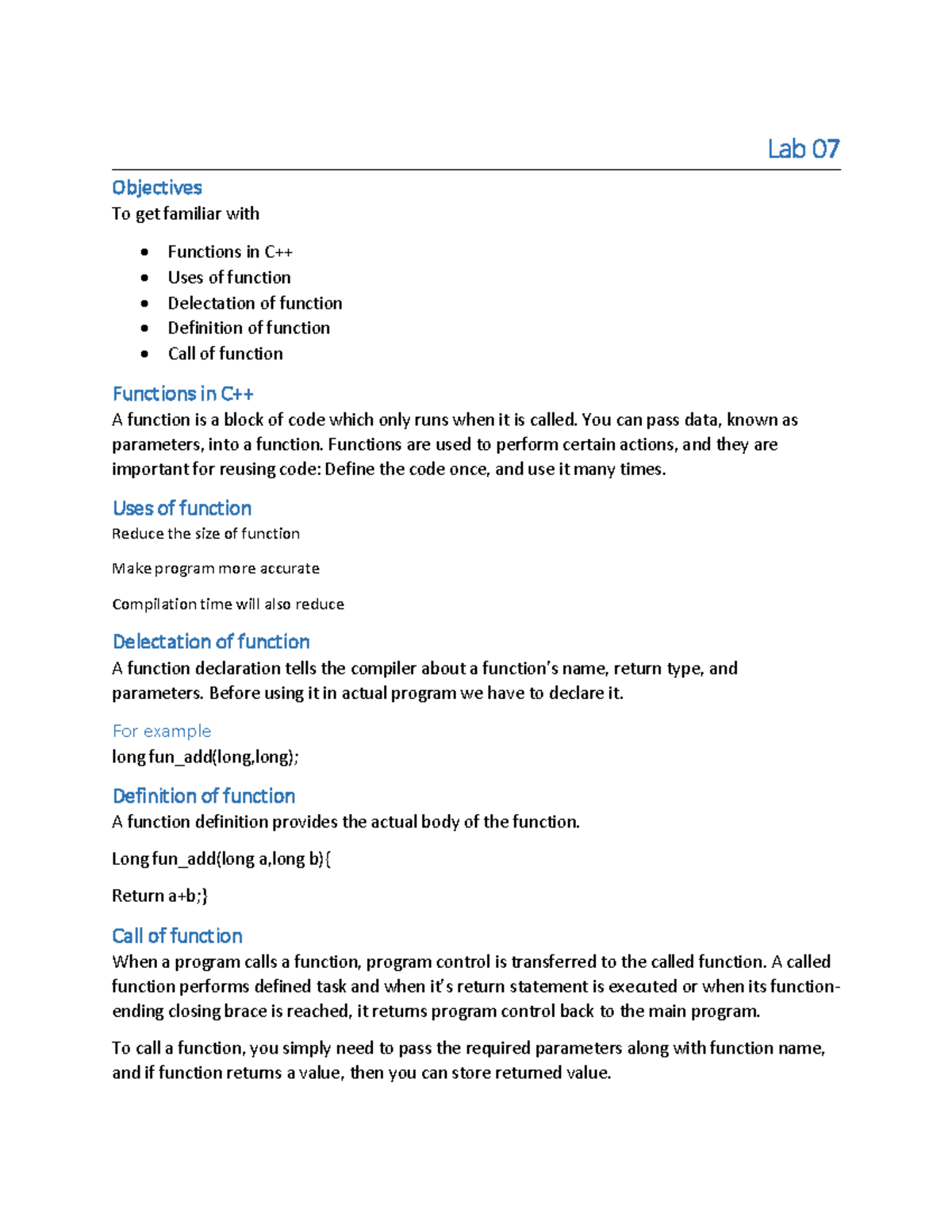 Begharit Lab 07 - If kgxig,if - Lab 07 Objectives To get familiar with Functions in C++ Uses of ...