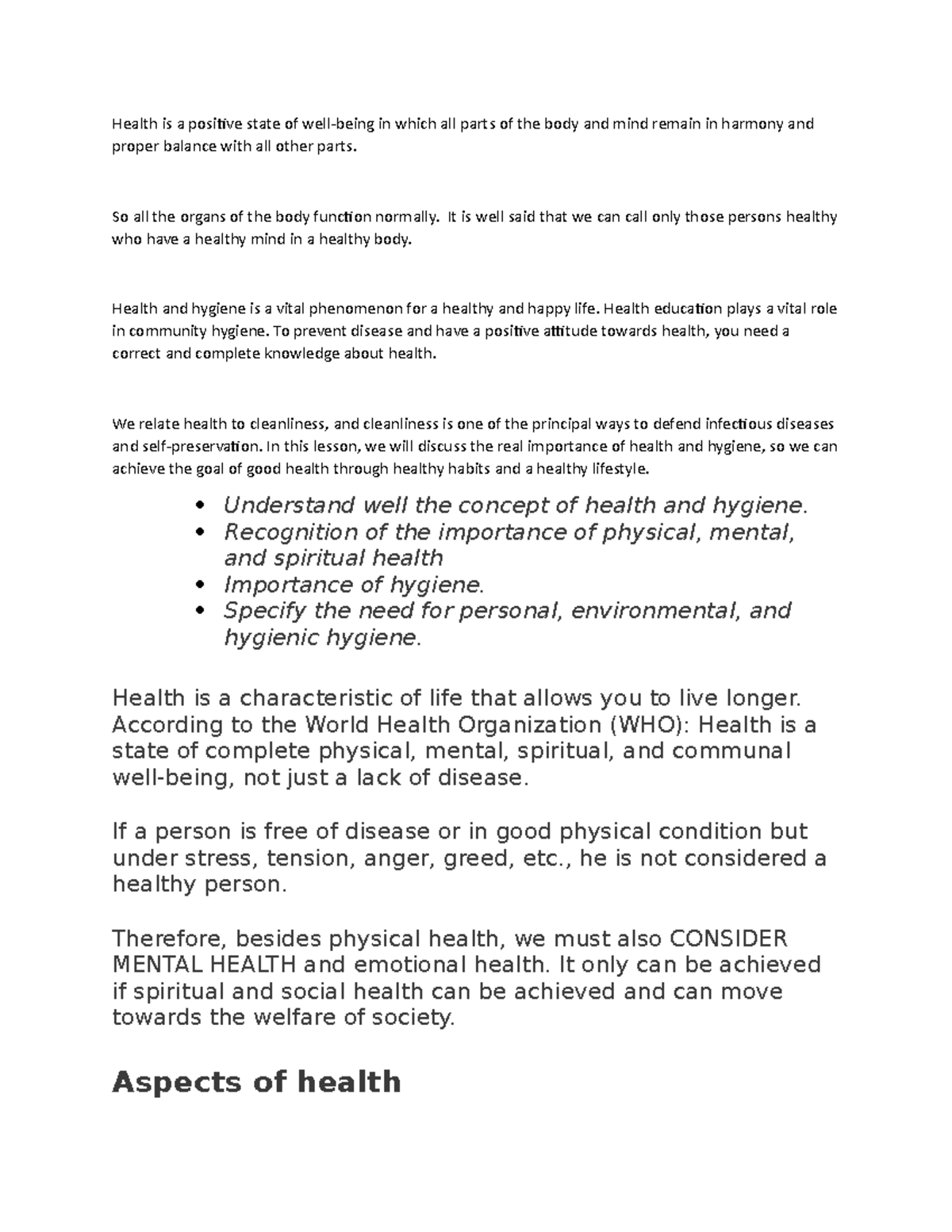 Document 1 Hygiene AT WORK Place - Health is a positive state of well ...