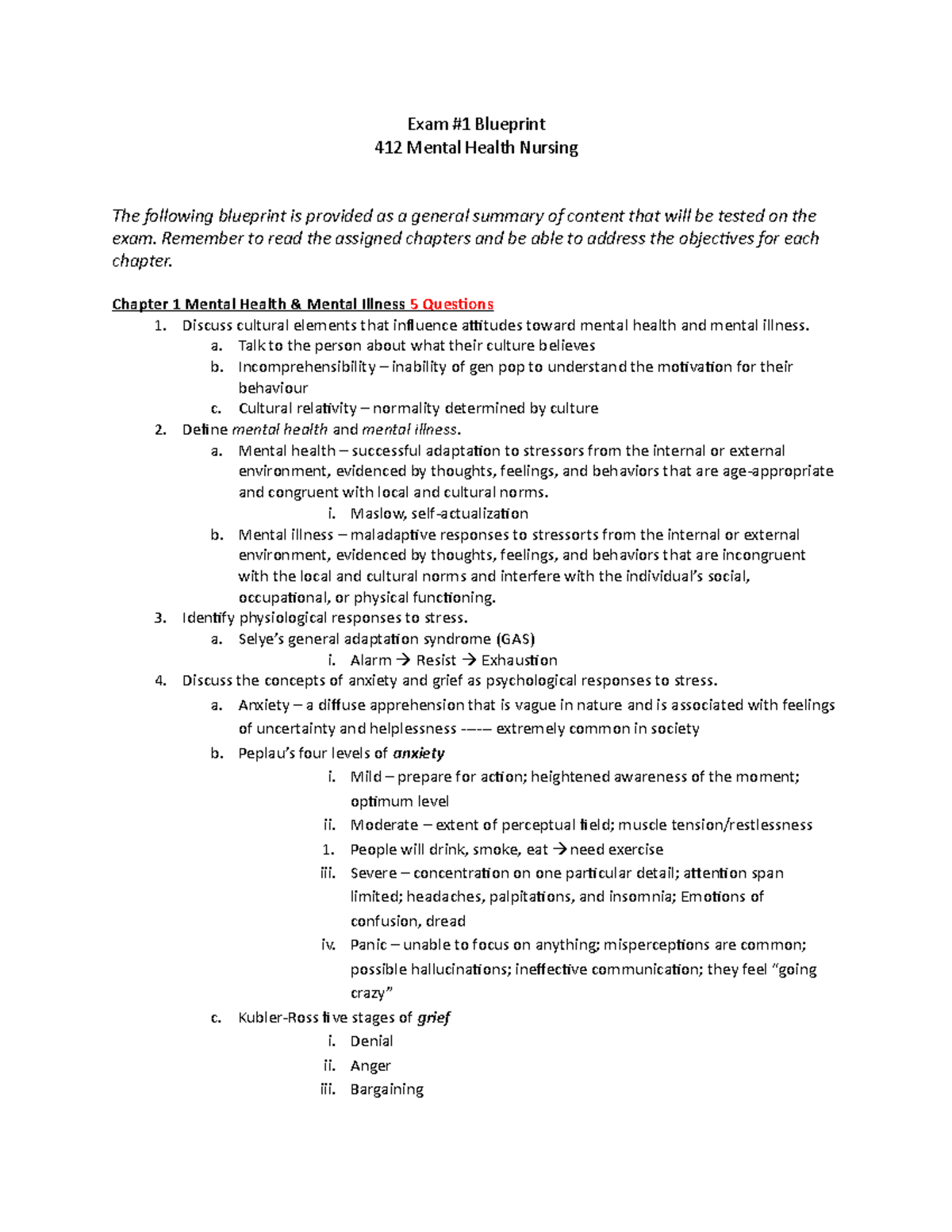 Exam 1 Blueprint - Exam #1 Blueprint 412 Mental Health Nursing The ...