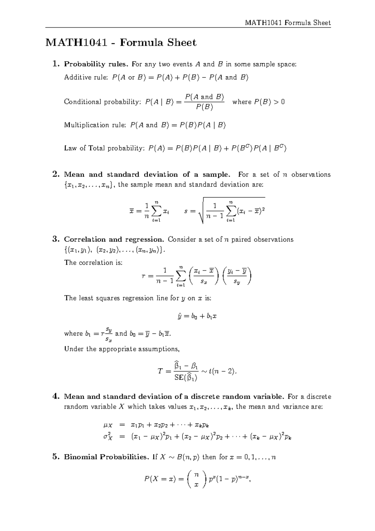 Formula sheet used in the exam - MATH1041 - MATH1041 Formula Sheet ...