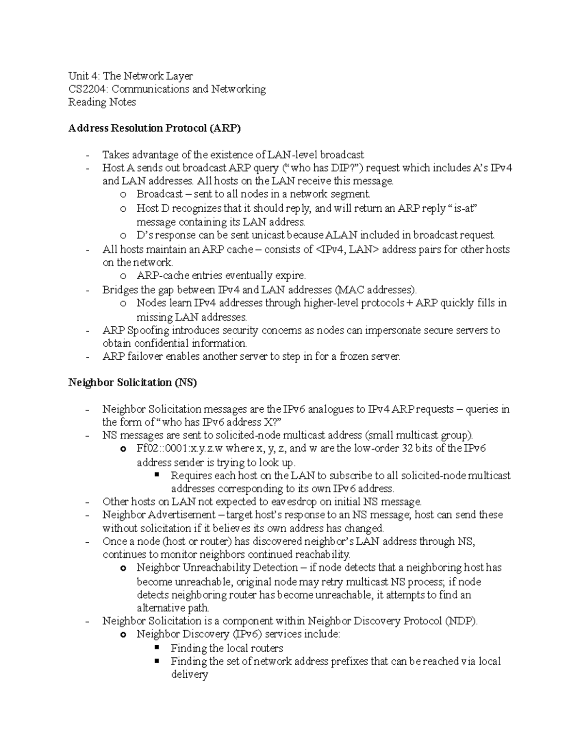 Unit 4 - Reading Notes - Unit 4: The Network Layer CS2204 ...
