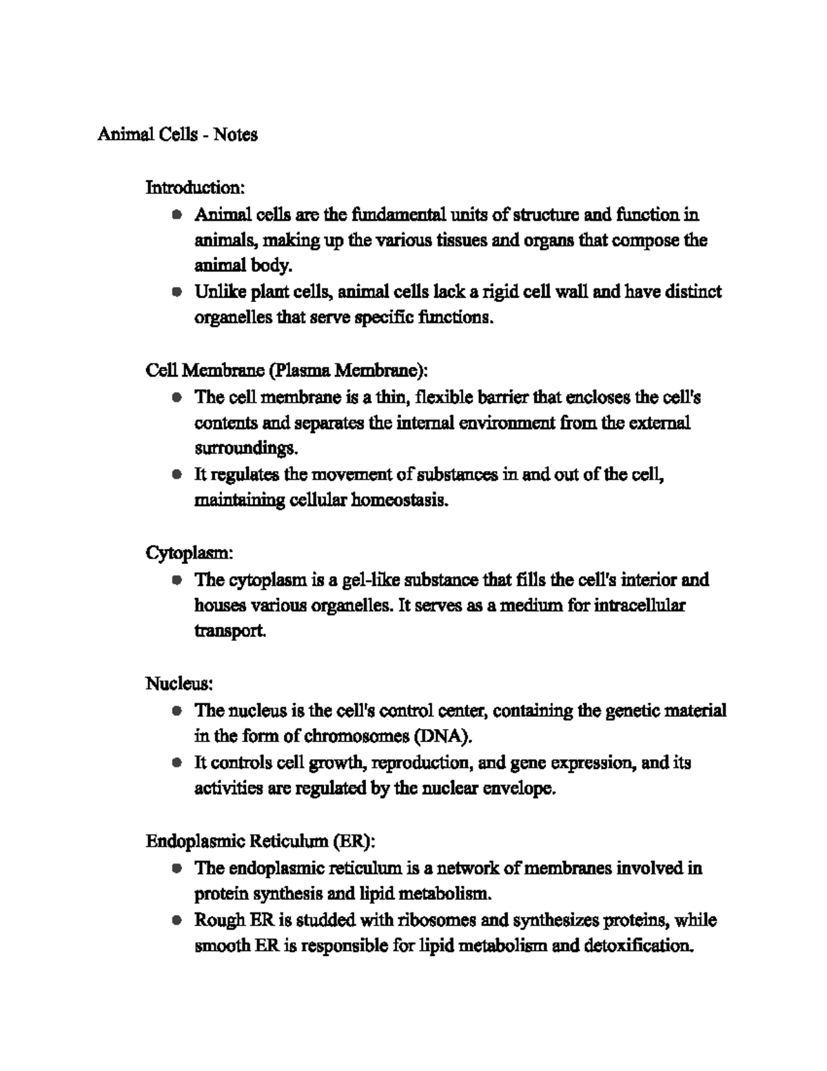 Animal Cell Notes - Studocu