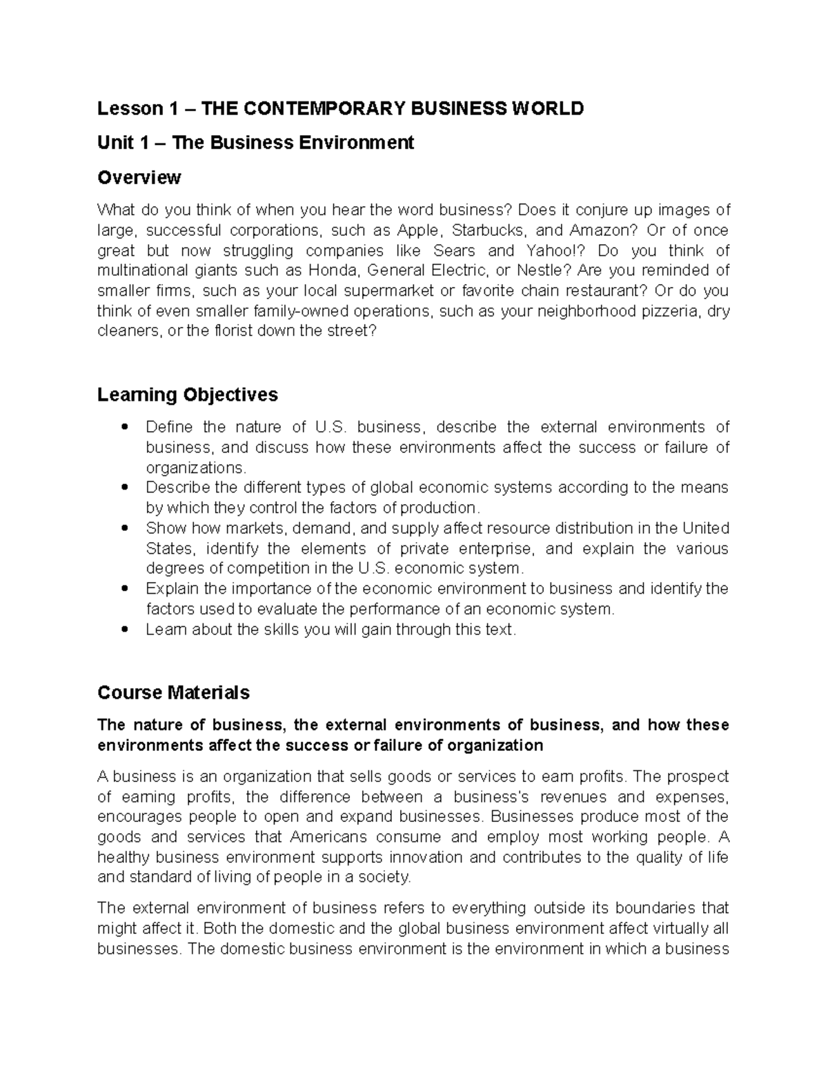 Module 1 The Business Environment - Lesson 1 – THE CONTEMPORARY ...