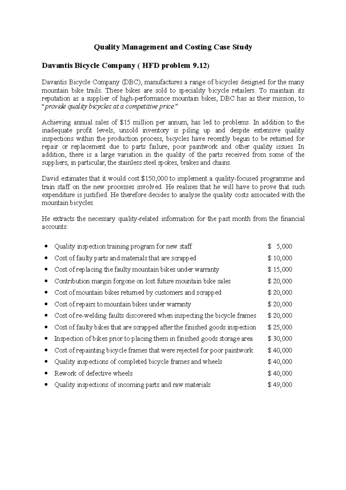 Davantis QM and Costing Case - Quality Management and Costing Case ...