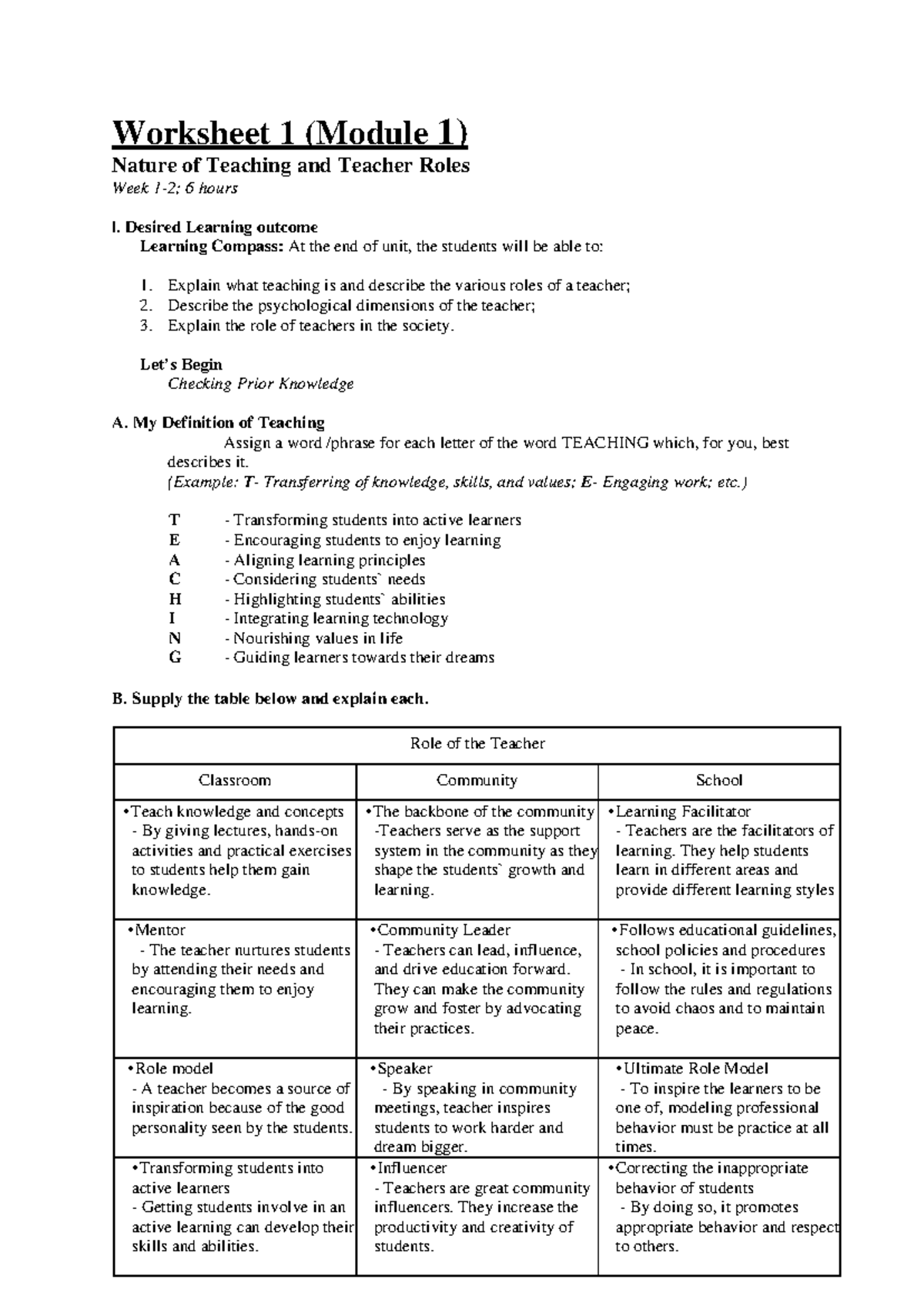 Worksheet 1 (Module 1) - Worksheet 1 (Module 1) Nature of Teaching and ...