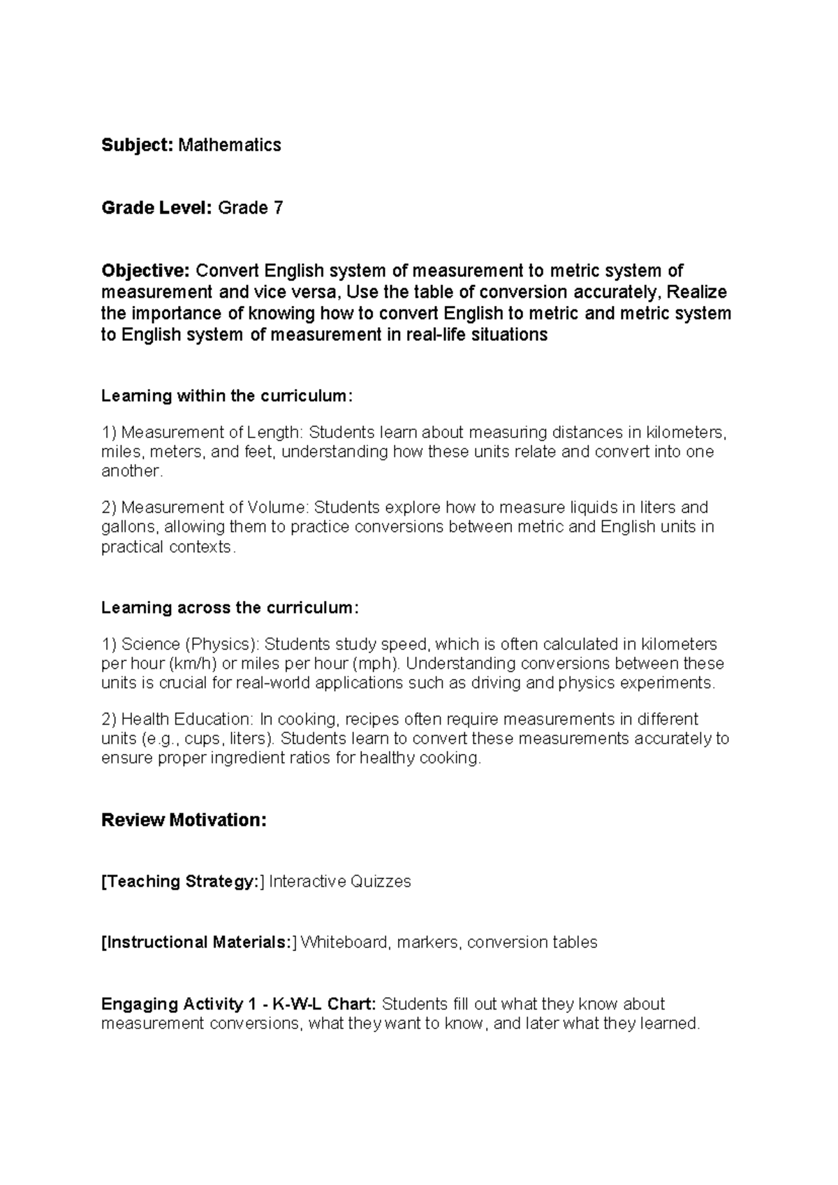 Lesson plan - Measurements - Subject: Mathematics Grade Level: Grade 7 ...