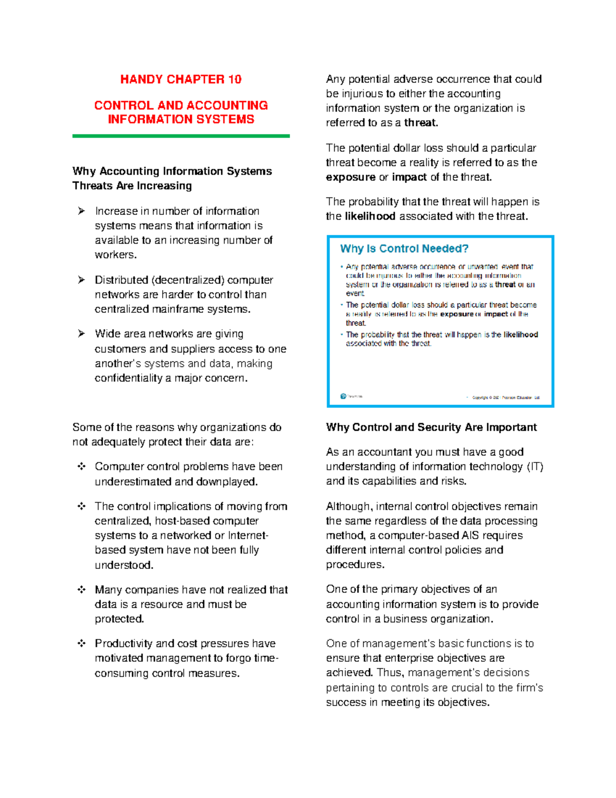 Handy 615 Chapter 10 Handy Chapter 10 Control And Accounting Information Systems Why