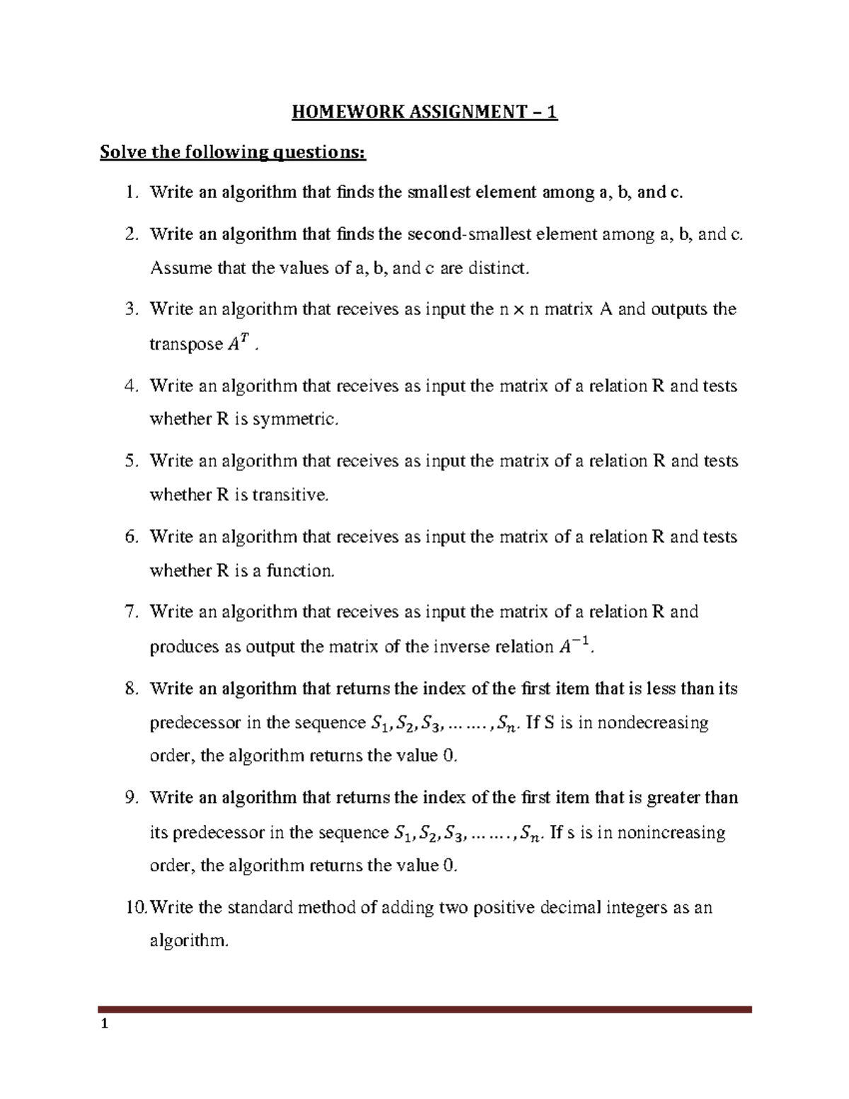 291- Homework Assignment 1 - 1 HOMEWORK ASSIGNMENT – 1 Solve the following questions: Write an ...