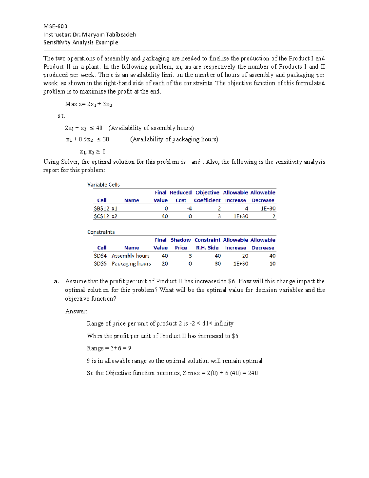 Sensitivity Analysis Example-1 - Mse- Instructor: Dr. Maryam Tabibzadeh
