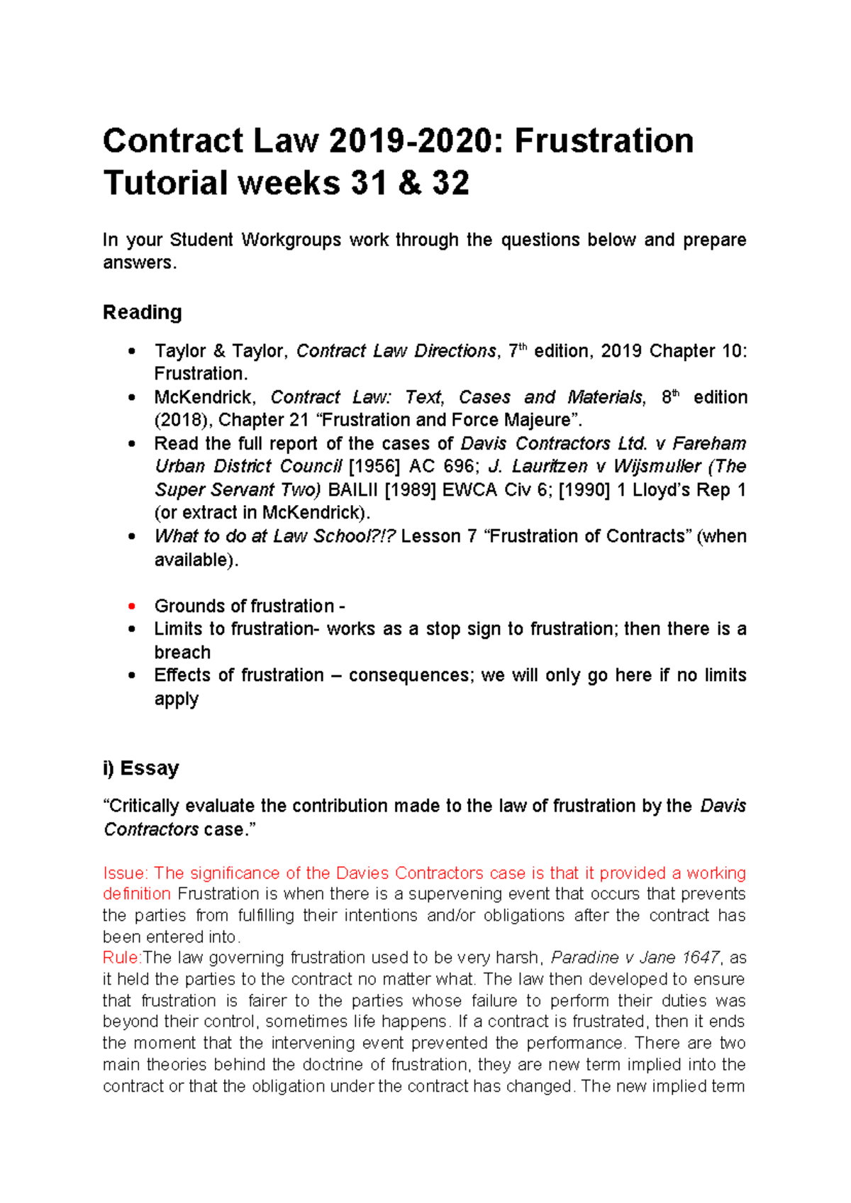 00Contract Law 2019-20 Frustration Tutorial - Contract Law 2019-2020 ...