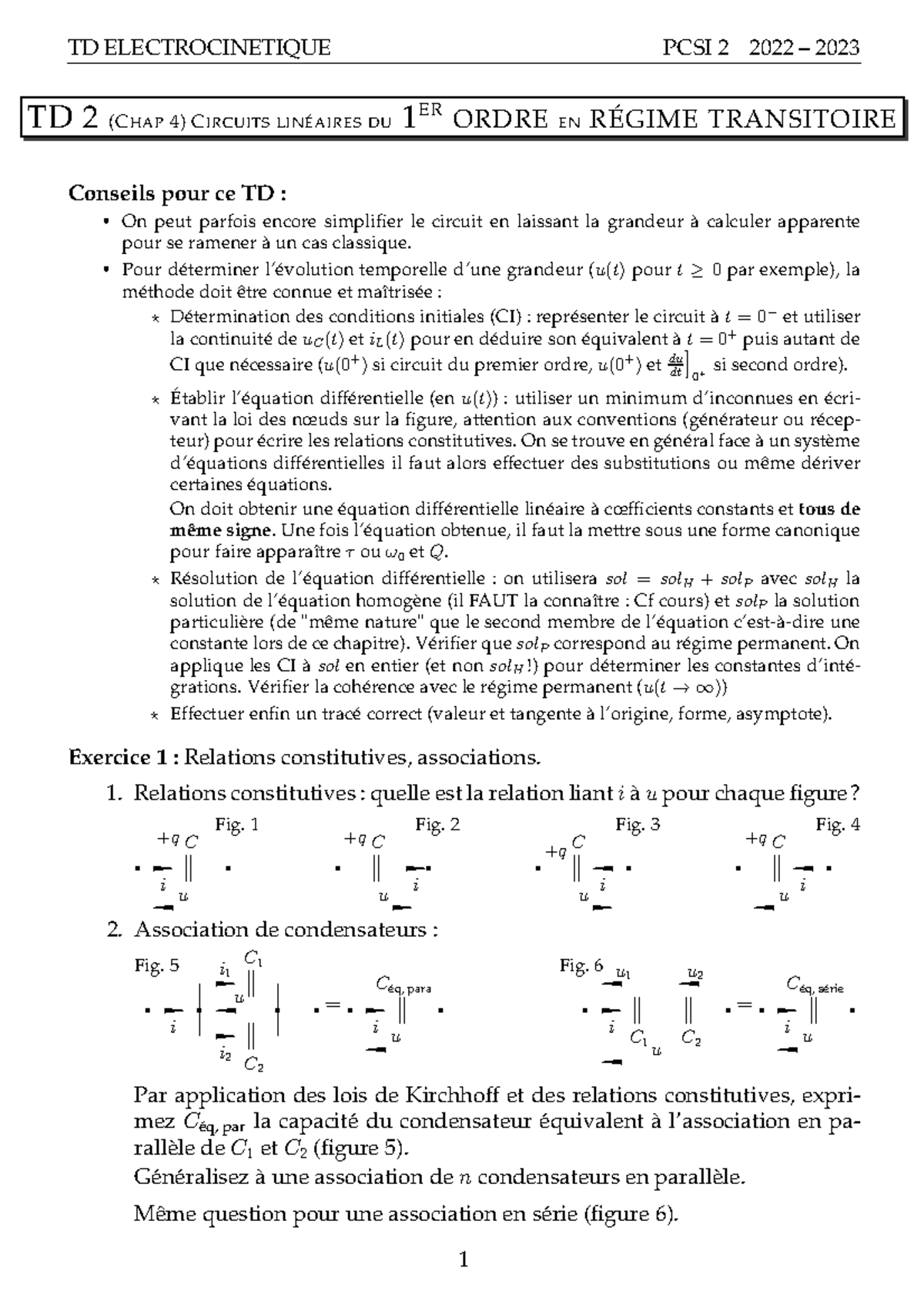 E TD2 - ELECTRICITE - TD ELECTROCINETIQUE PCSI 2 2022 – 2023 TD 2 (CHAP 4) CIRCUITS LINÉAIRES DU ...