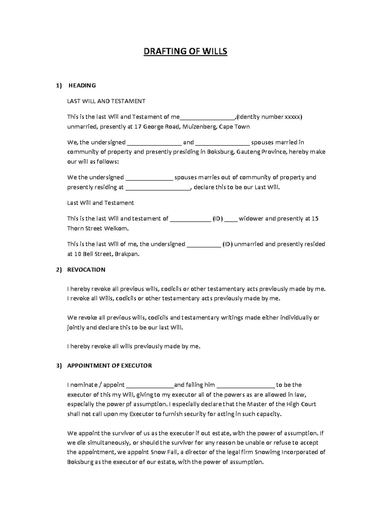 Drafting OF Wills - DRAFTING OF WILLS 1) HEADING LAST WILL AND ...