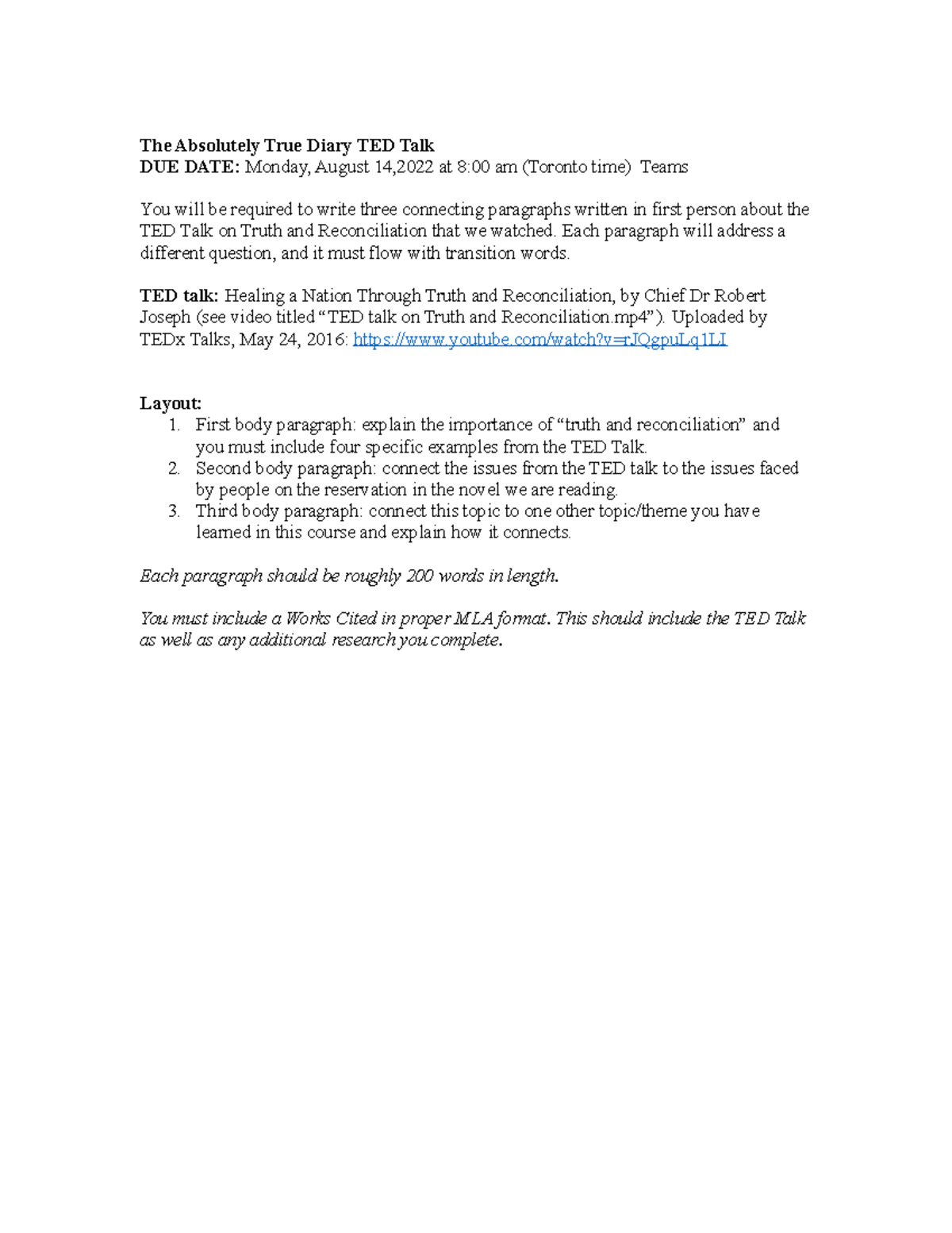 TED Talk Linked Paragraphs Assignment 1 - The Absolutely True Diary TED ...