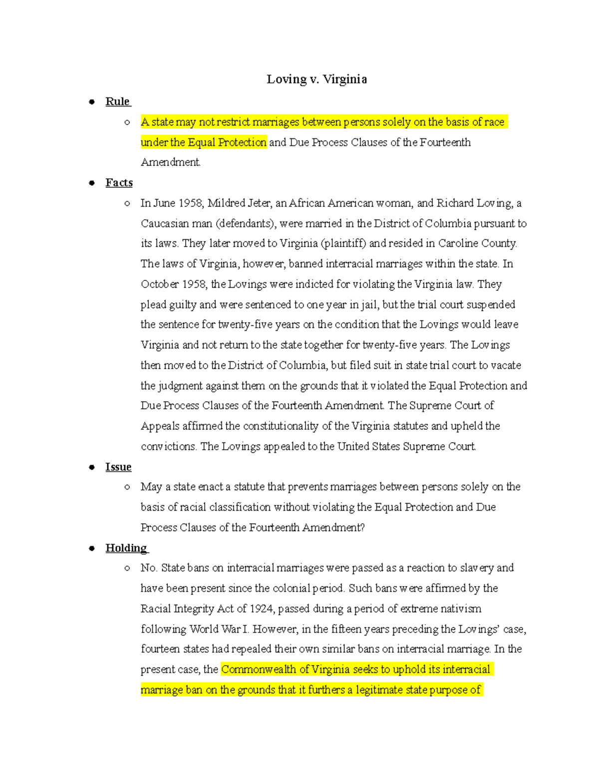 Con Law II- Loving v. Virginia - Loving v. Virginia Rule A state may ...