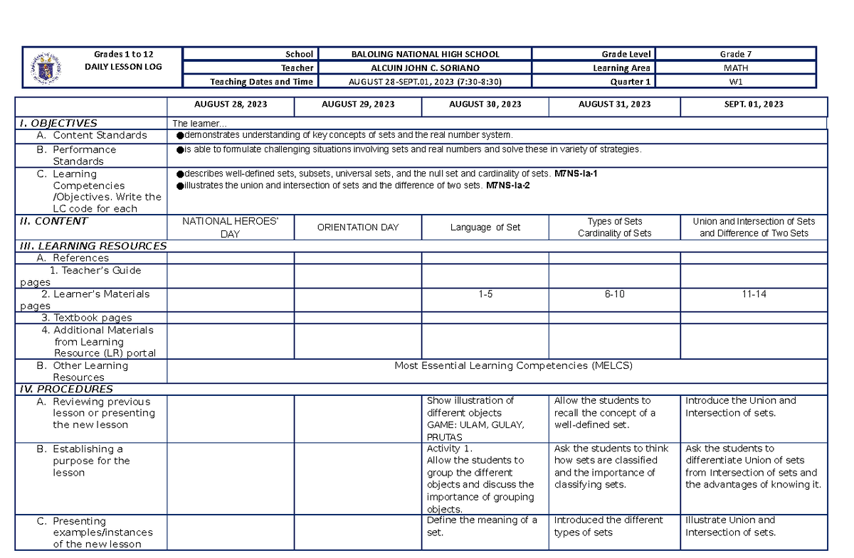 DLL MATH 7 Q1W1-2023-2024 - Grades 1 to 12 DAILY LESSON LOG School ...