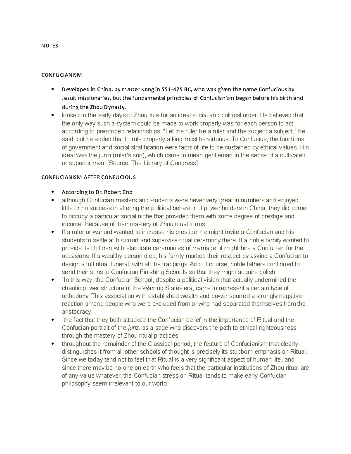 Notes Confucianism - NOTES CONFUCIANISM Developed in China, by master ...