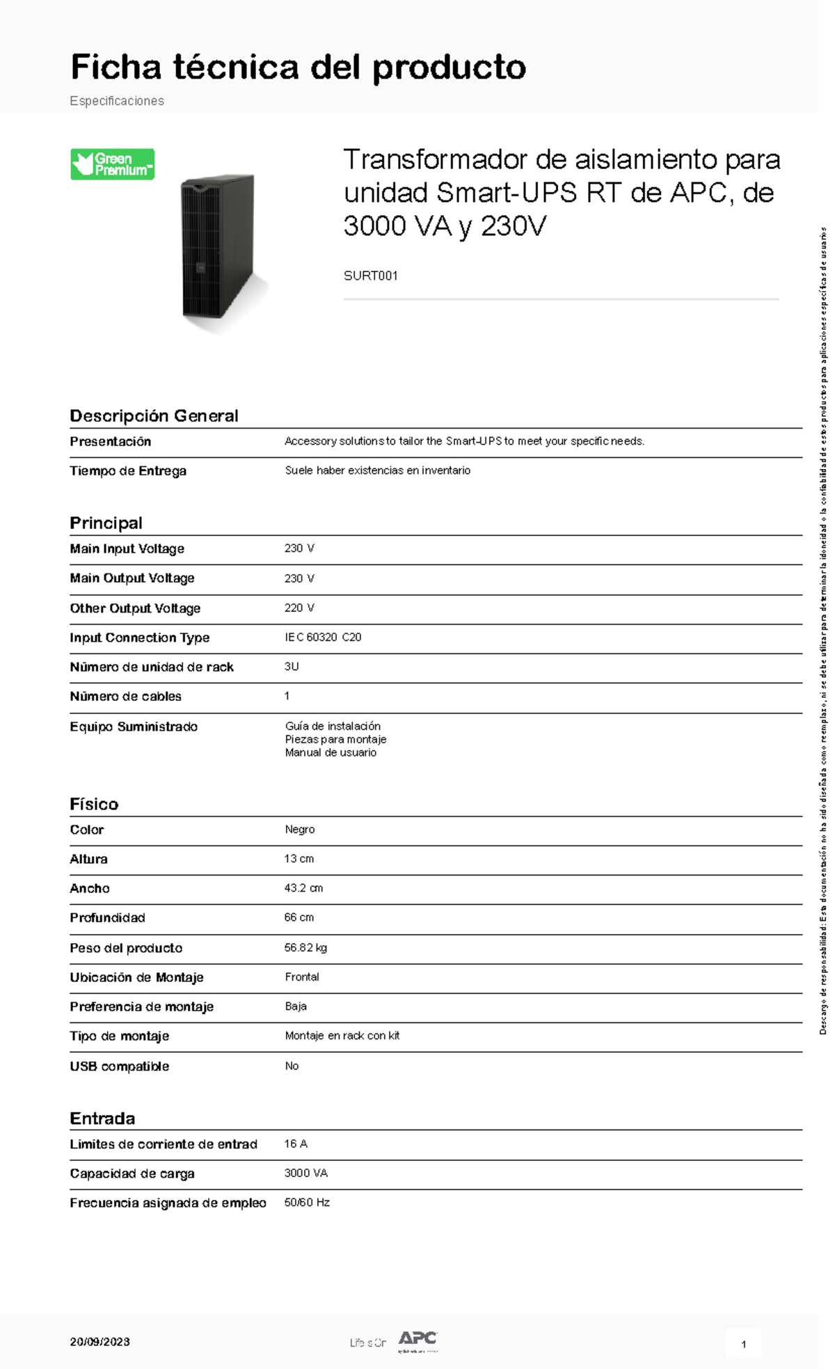 Accesorios de Smart-UPS SURT001 - Ficha técnica del producto Especificaciones Transformador de ...