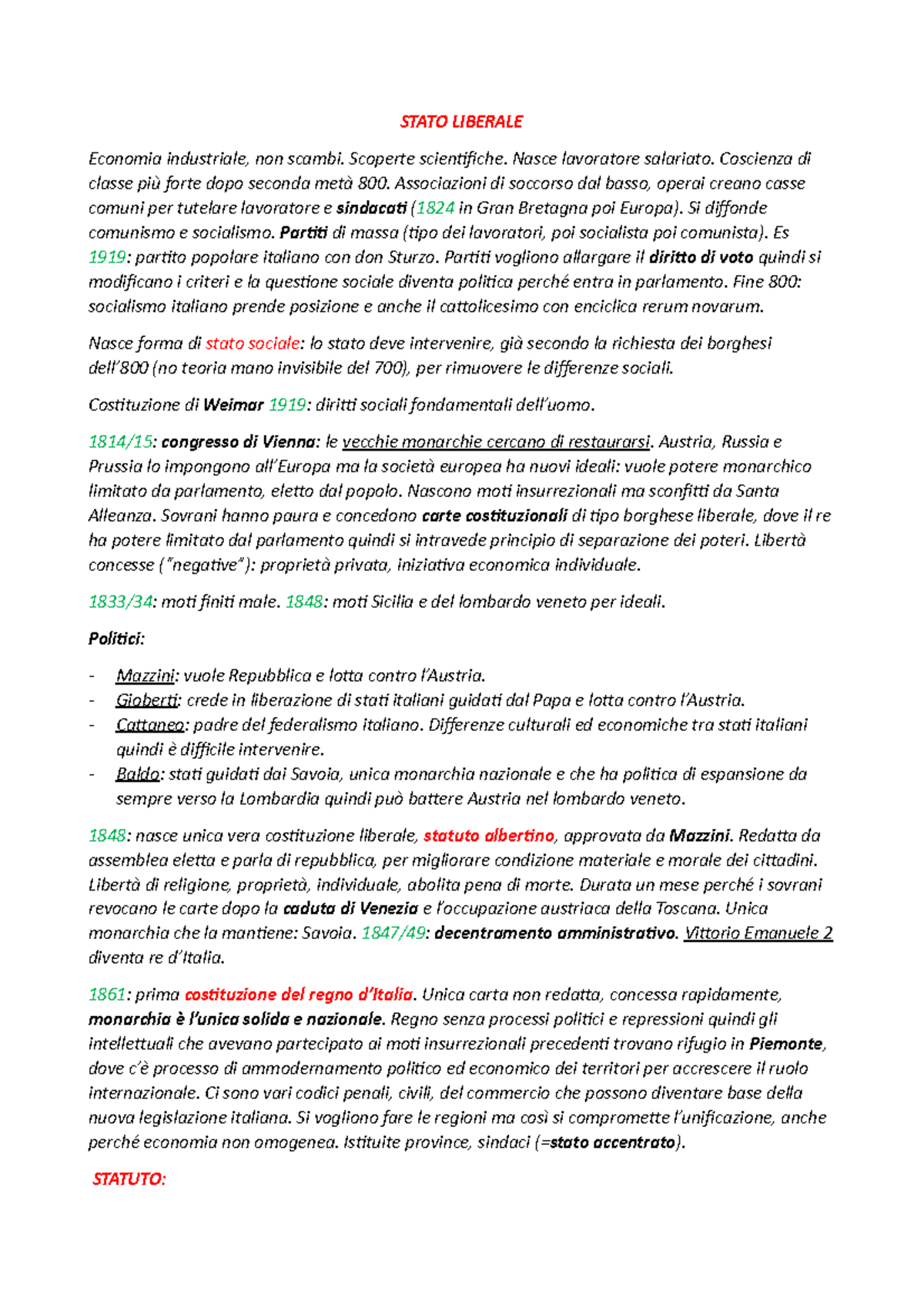 Storia del Diritto Pubblico - STATO LIBERALE Economia industriale, non ...