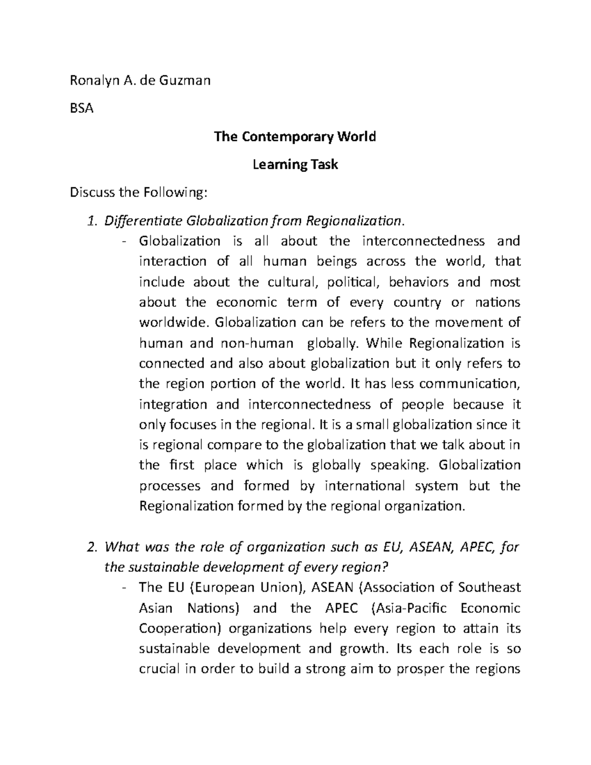 Learning Task Contemporary World - Ronalyn A. de Guzman BSA The ...