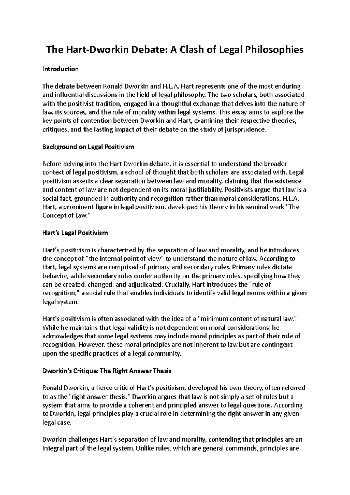 Hart-Dworkin Debate Essay - The Hart-Dworkin Debate: A Clash of Legal ...