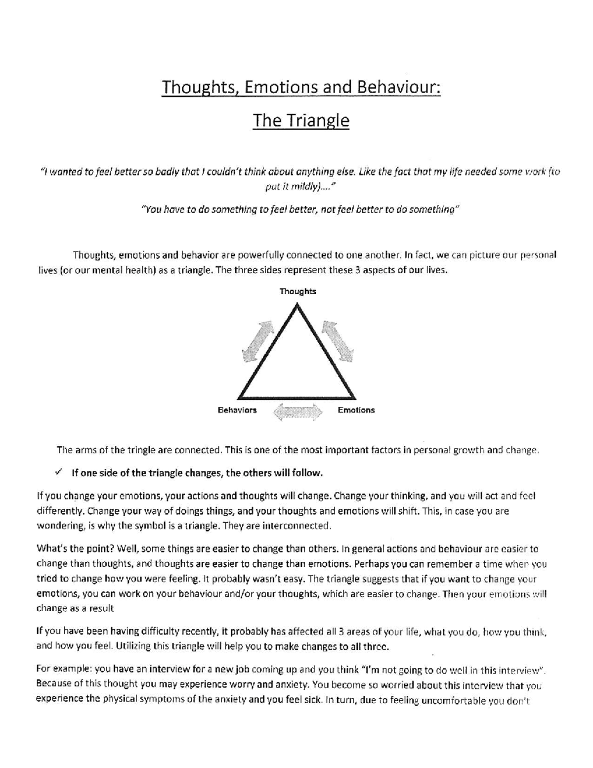 Emotional wellness - triangle thoughts behaviours emotions - Thoughts ...
