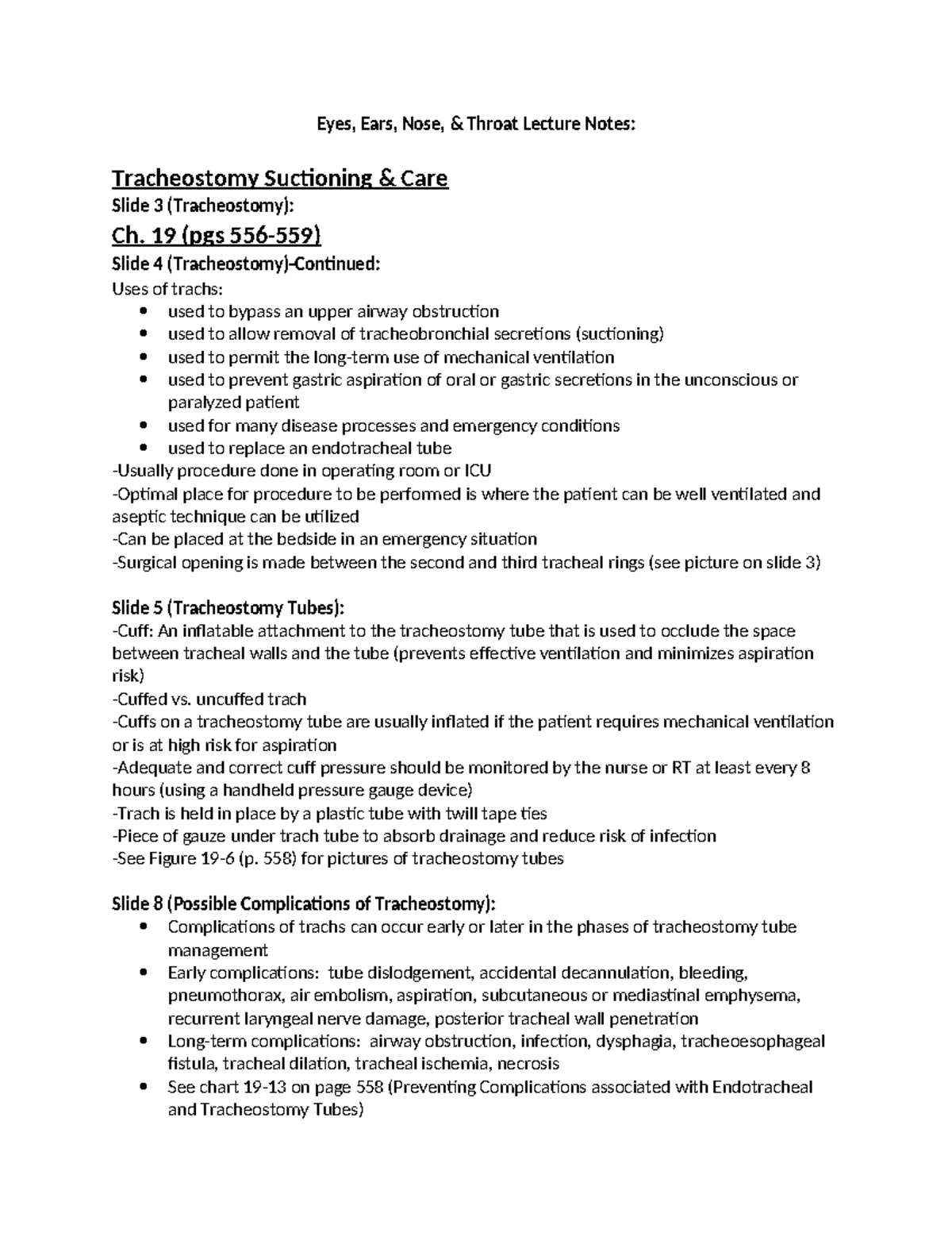 Unit 1 Notes - Eyes, Ears, Nose, & Throat Lecture Notes: Tracheostomy ...