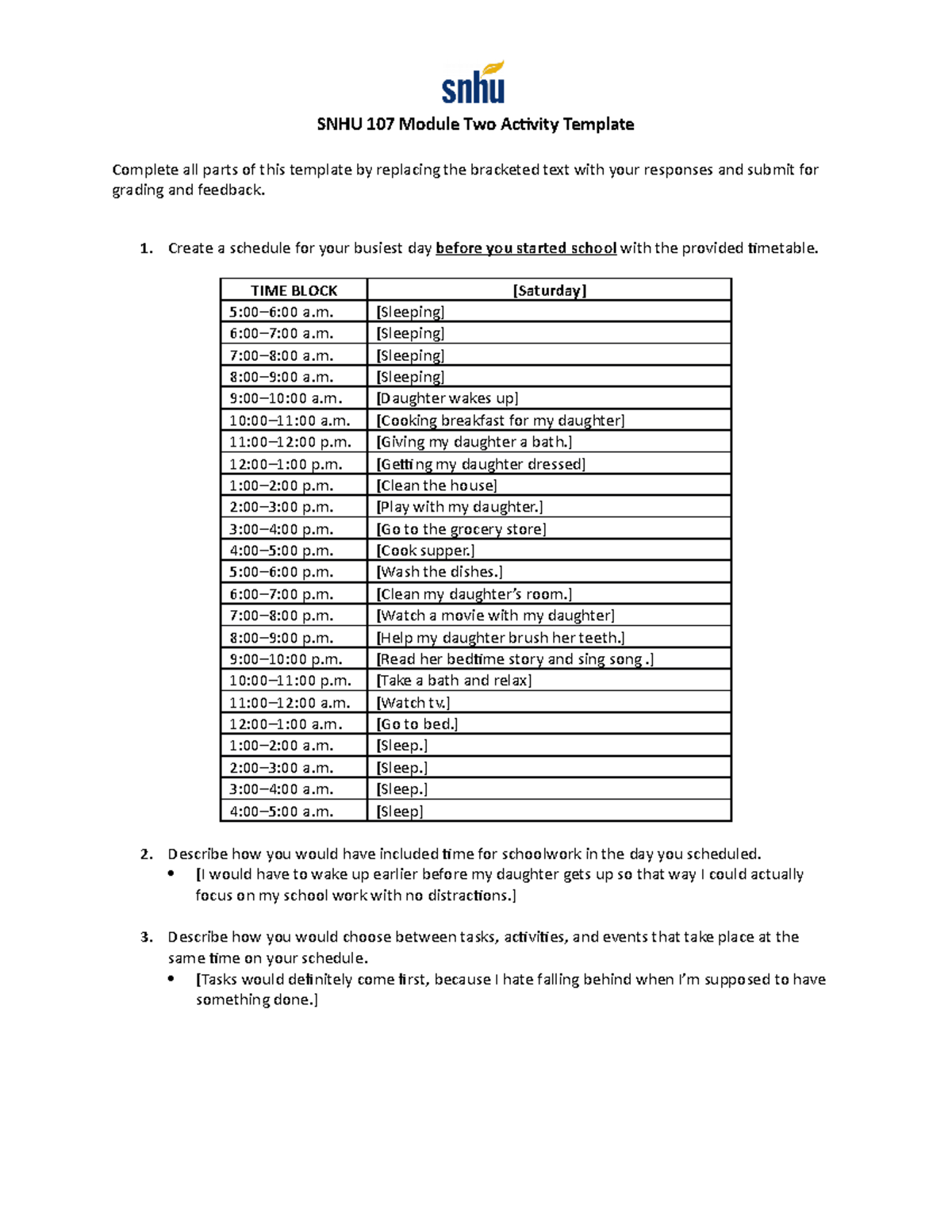 Module Two Activity - Time schedule sheet - SNHU 107 Module Two ...