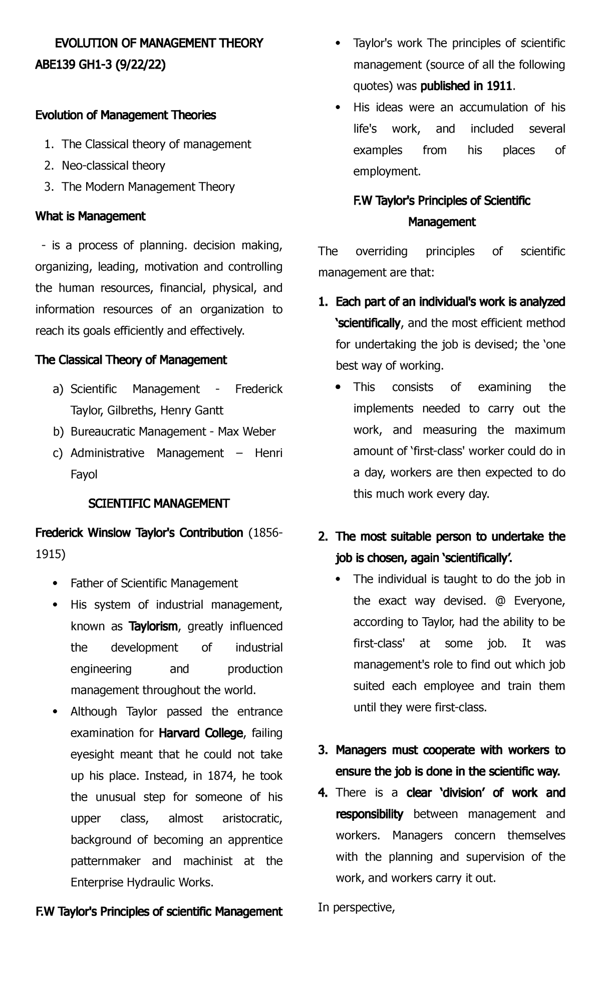Notes-midterm - EVOLUTION OF MANAGEMENT THEORY ABE 139 GH1- 3 (9/ 22 ...