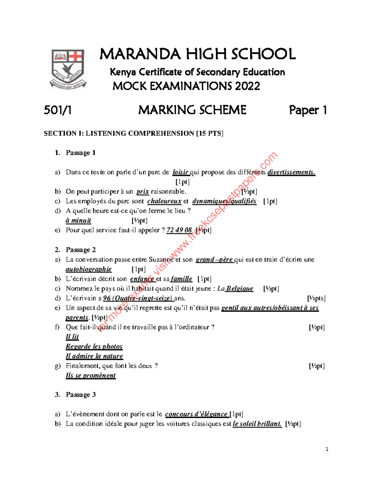 French P1 MS - Maranda High School Mock 2022 - 1 MARANDA HIGH SCHOOL Kenya Certificate of ...