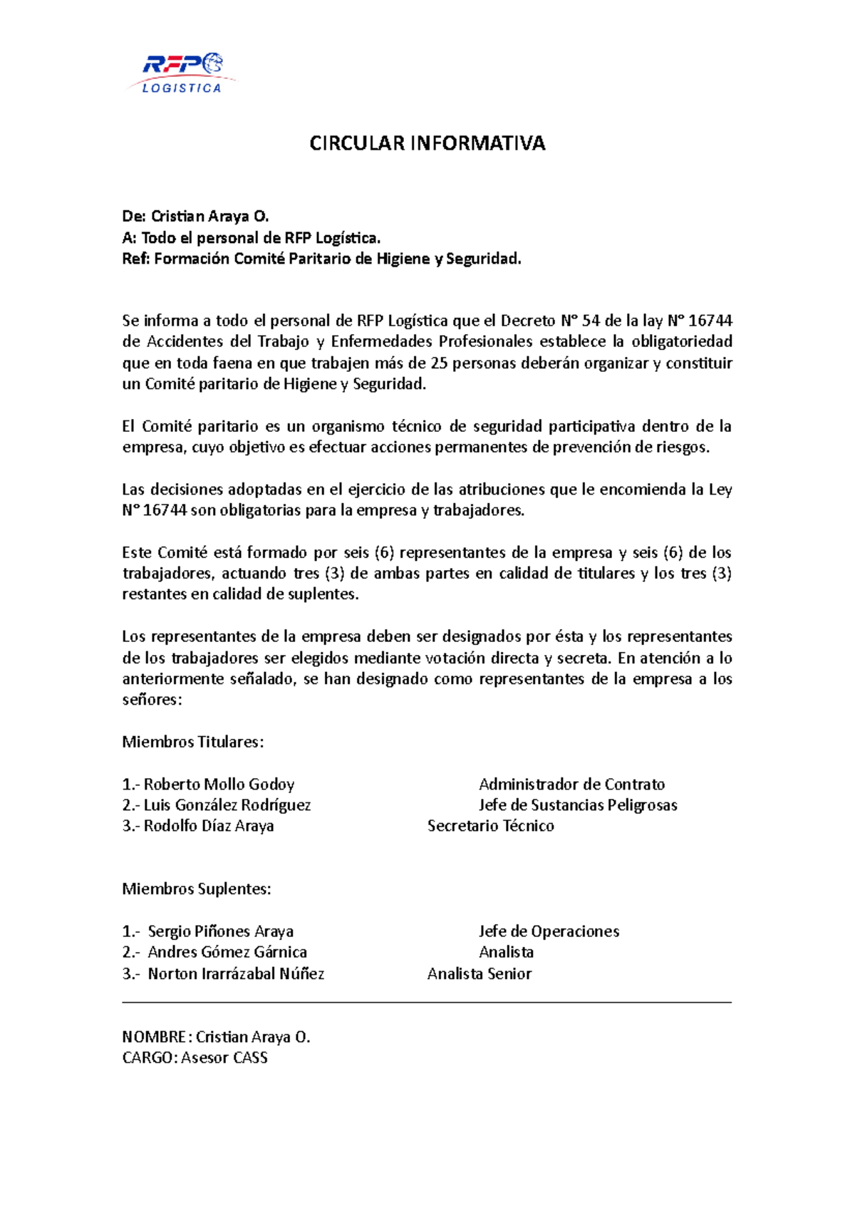 Circul~1 - Apuntes 1 - CIRCULAR INFORMATIVA De: Cristian Araya O. A ...