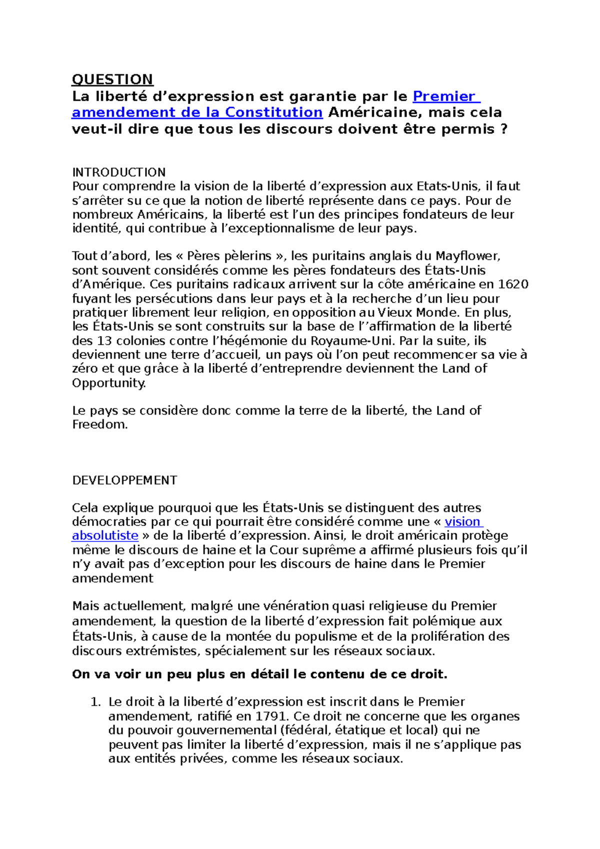 LA Liberte D' Expression AUX Etats UNIS - QUESTION La liberté d ...