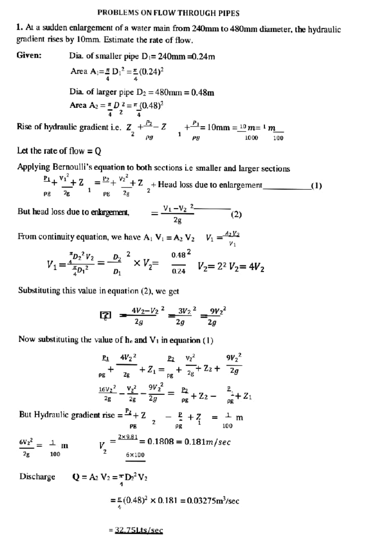 Problems on flow through pipe - PROBLEMSs ON FLOW THROUGH PIPES 1. At a ...