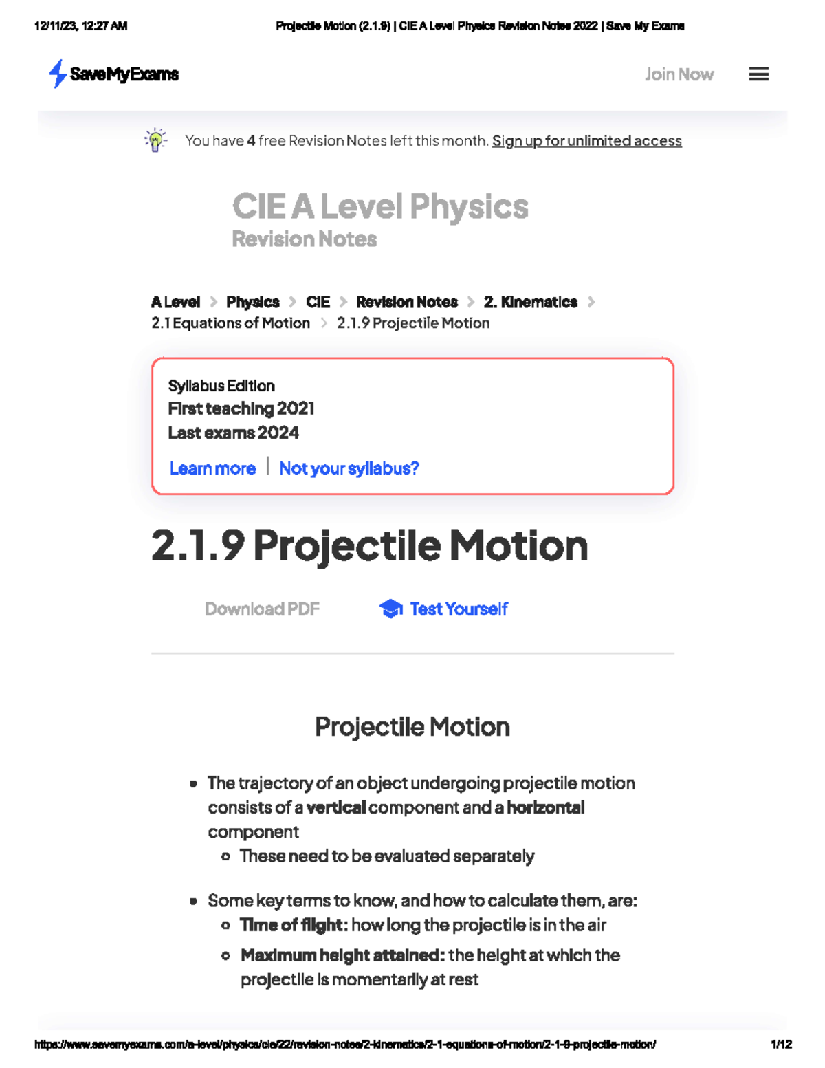 Projectile Motion - nice document - General physics - Studocu