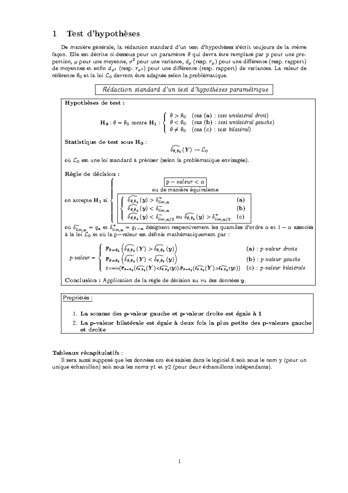 Mini Poly - Summary Statistiques inférentielles - 1 Test d’hypoth`eses ...