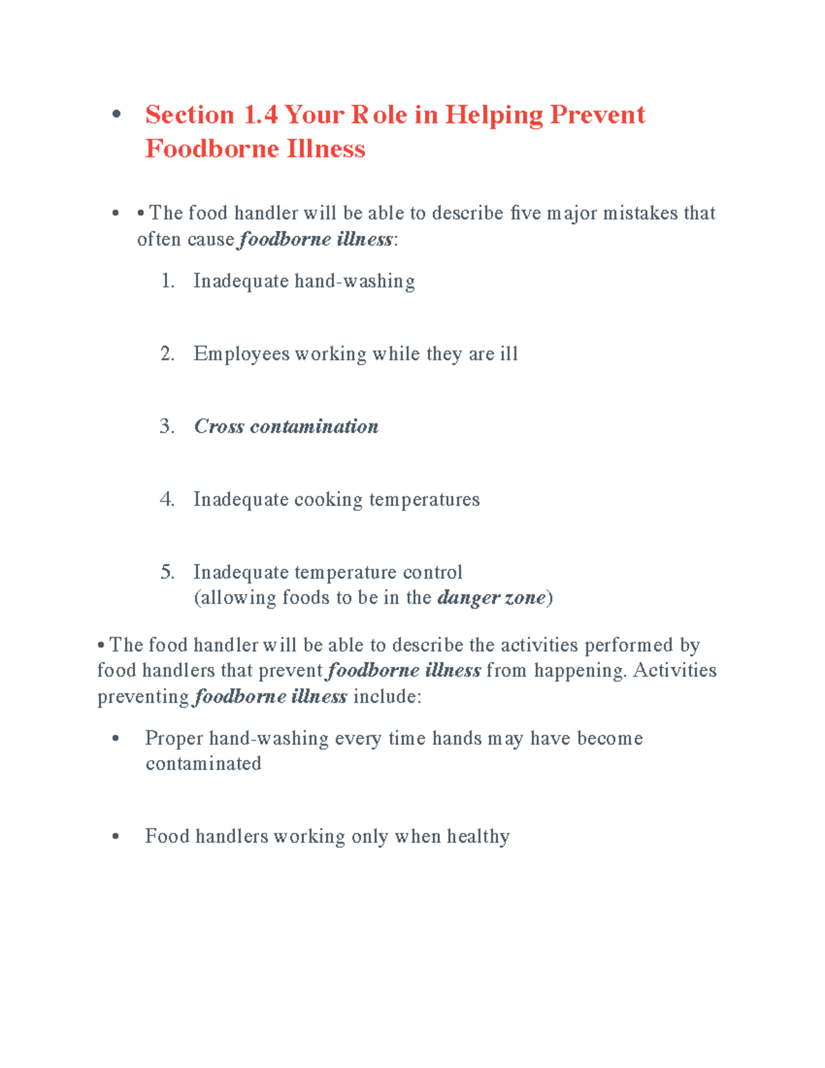 food - TEXTBOOK - • Section 1 Your Role in Helping Prevent Foodborne ...