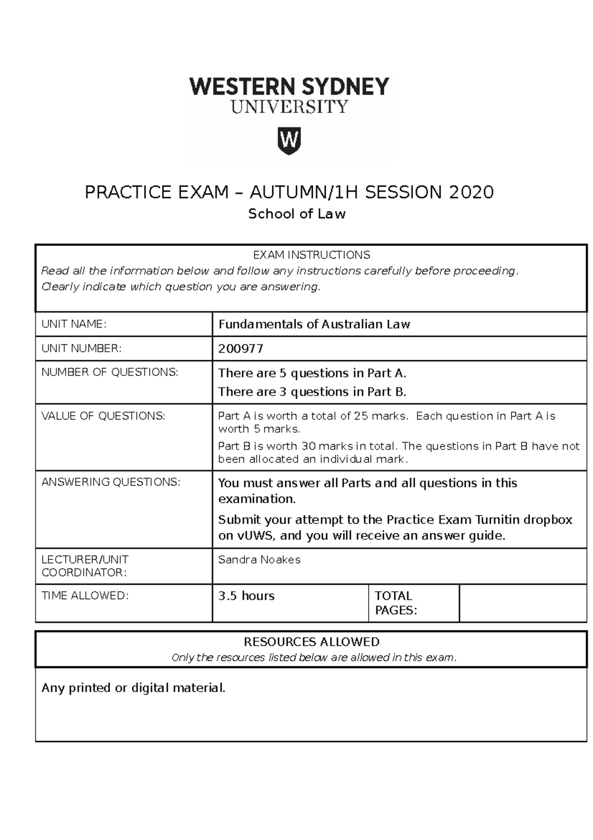Sample/practice exam - PRACTICE EXAM – AUTUMN/1H SESSION 2020 School of ...