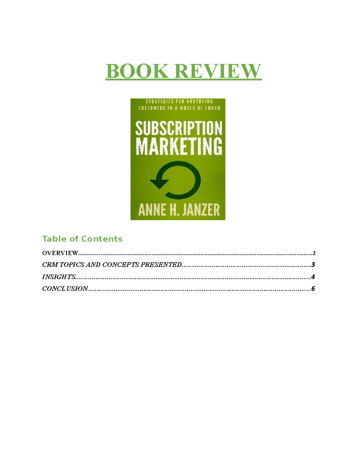 BOOK Review - Subscription Marketing - BOOK REVIEW Table of Contents - Studocu