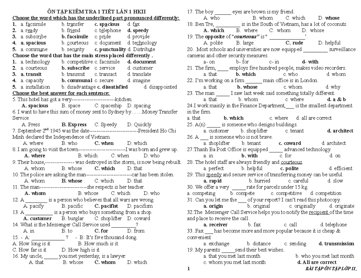 Bai tap on tap unit 91011 lop 11 - ÔN TẬP KIỂM TRA 1 TIẾT LẤN 1 HKII ...